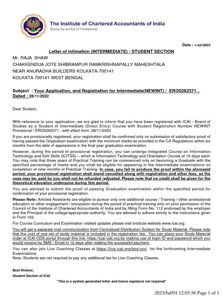 ICAI Intermediate Registration Notice | PDF