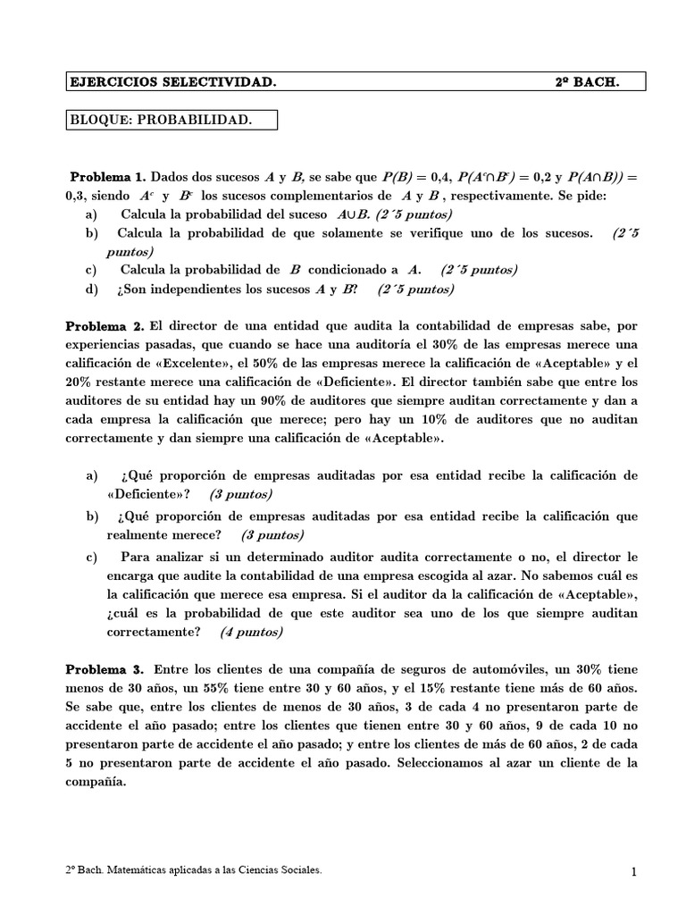 EJERCICIOS SELECTIVIDAD PROBABILIDAD | PDF | Probabilidad