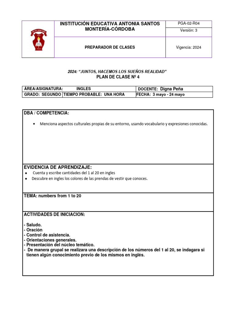Plan de Clases Numeros 1 Al 20 | PDF | Comunicación humana | Cognición