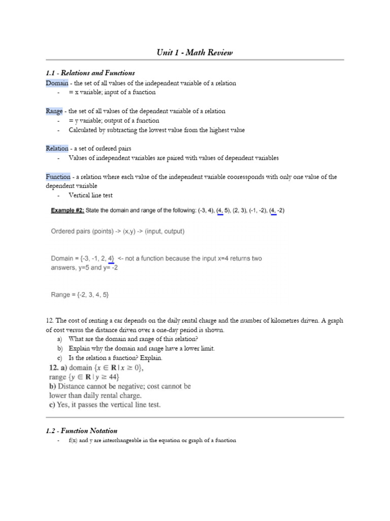 Unit 1 - Math Review | Download Free PDF | Function (Mathematics) | Variable (Mathematics)
