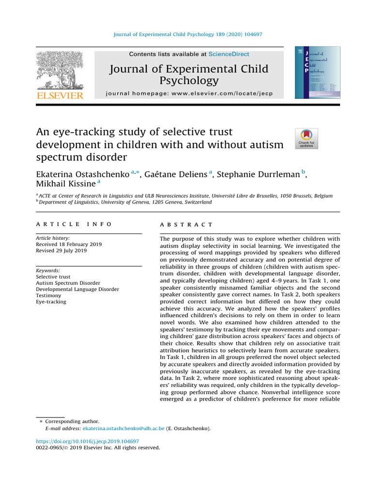 Journal of Experimental Child Psychology | PDF | Autism Spectrum | Learning