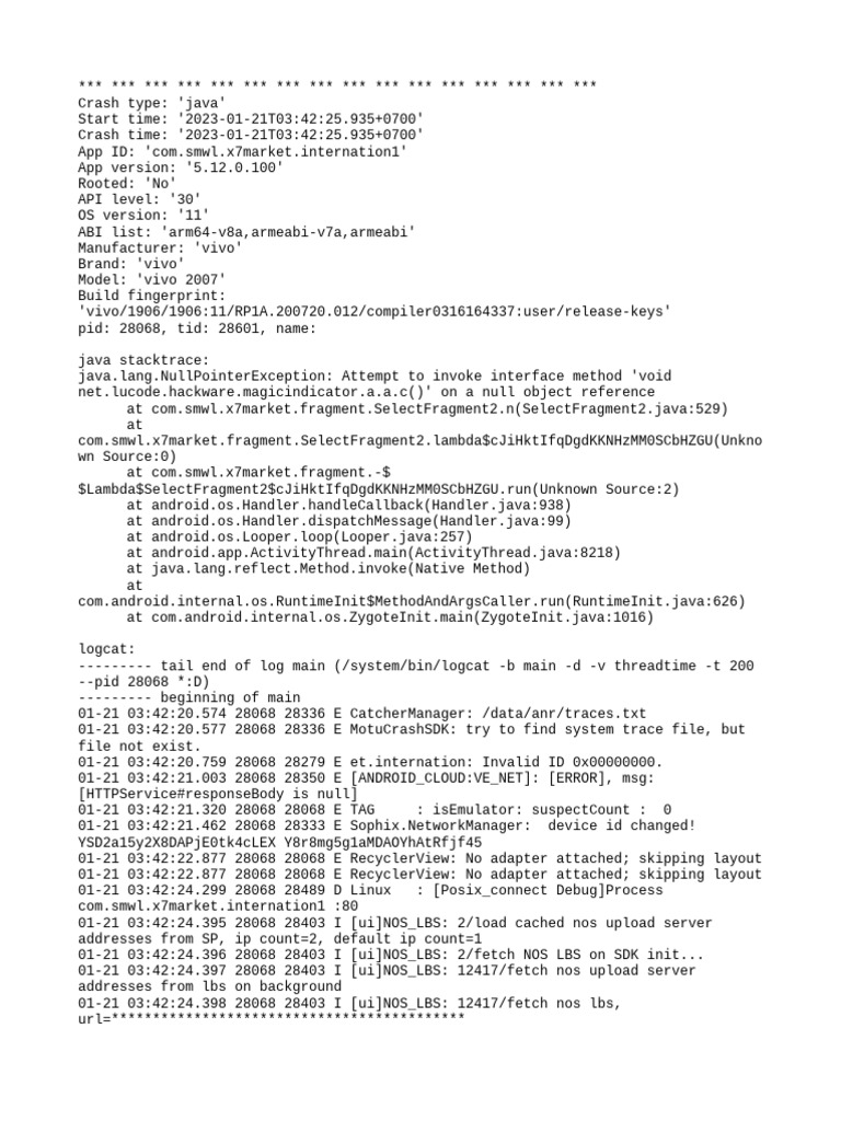 Java Crash Report for X7Market App | PDF | Java (Programming Language) | Android (Operating System)