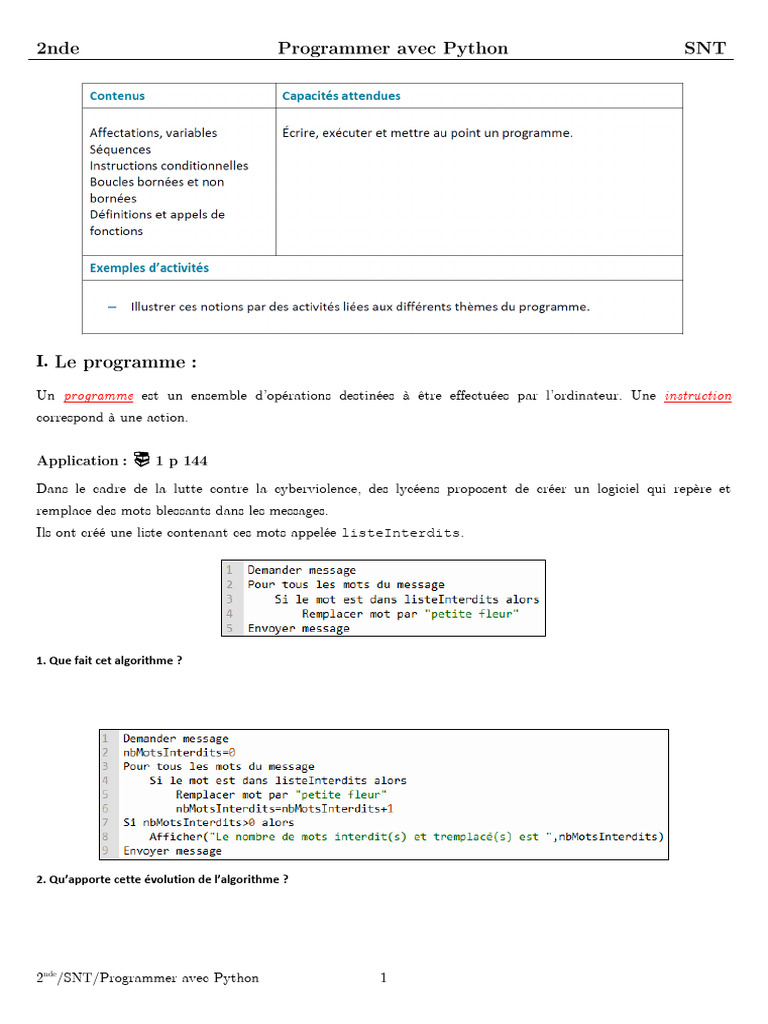 Algorithmes Python en Seconde | PDF | Division | Python (Langage de ...