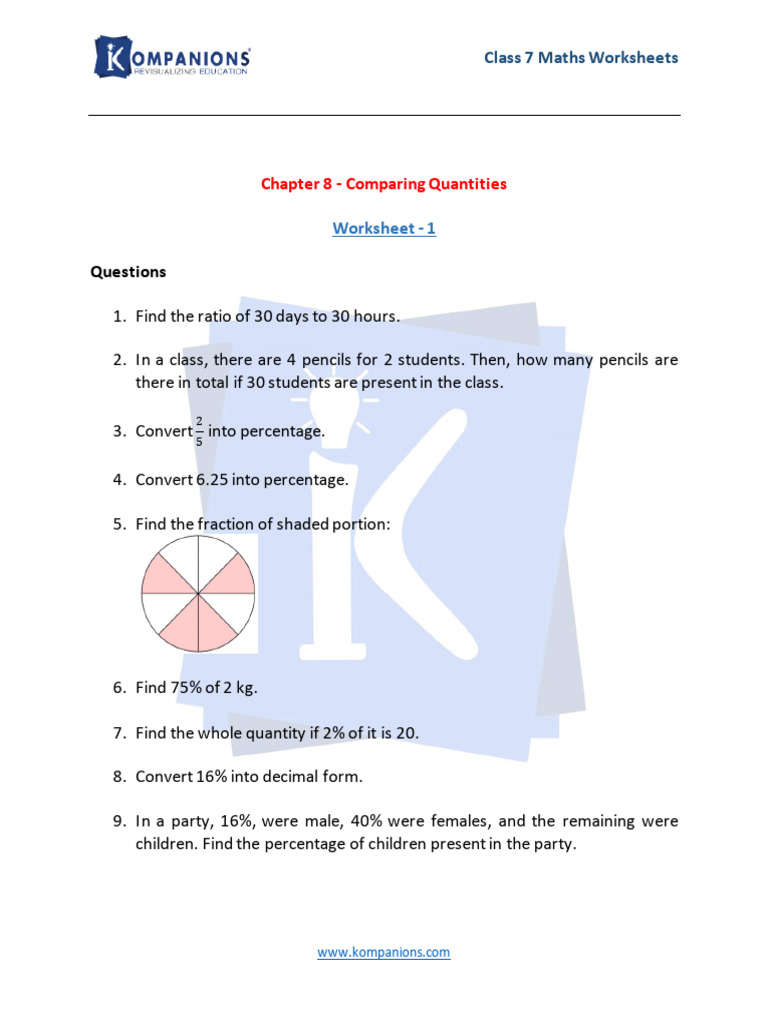Class 7 Maths Chapter 8 Comparing Quantities Worksheet 1 | PDF