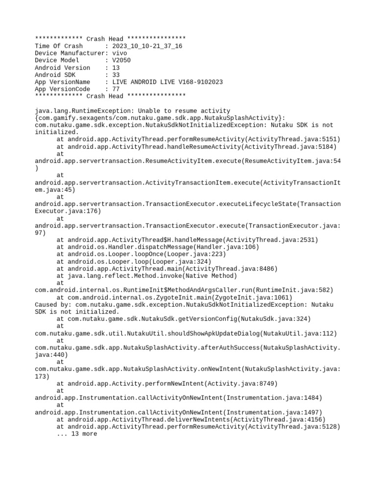 Nutaku SDK Initialization Crash Report | PDF | Java (Programming Language) | Android (Operating ...