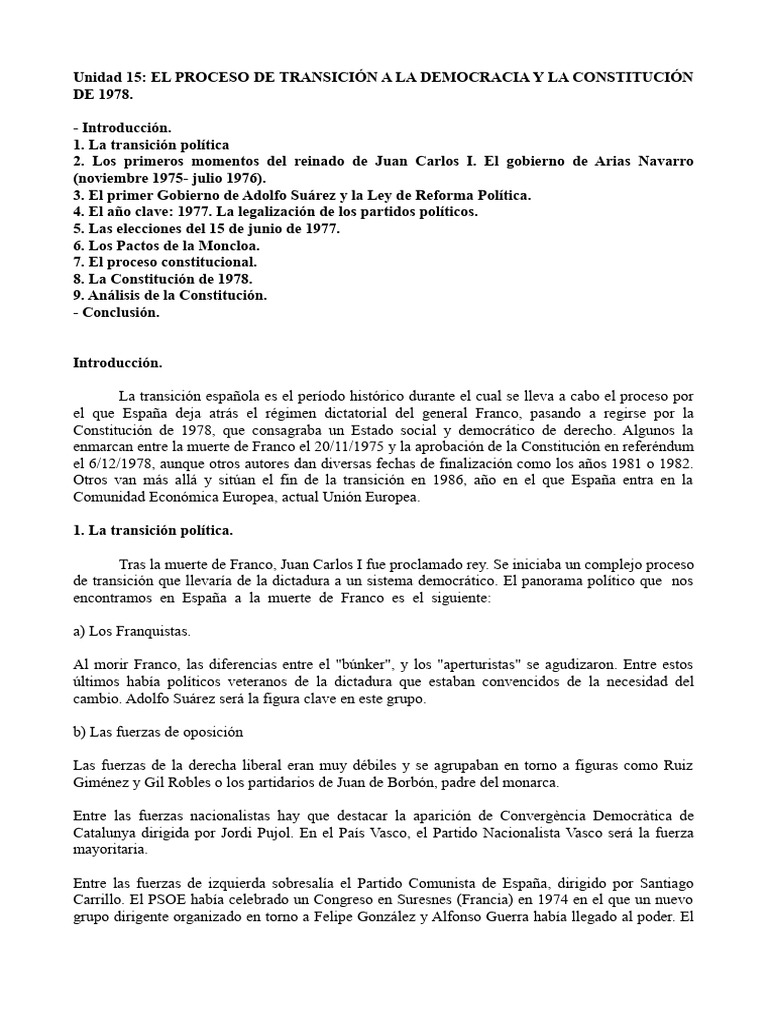 Unidad 15 El Proceso De La Transición Y La Constitución Del 78