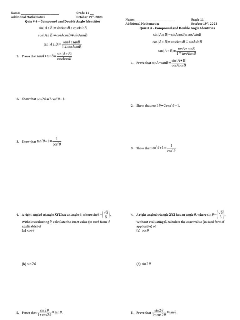Quiz 4 - Compound and Double Angles | PDF | Elementary Mathematics ...