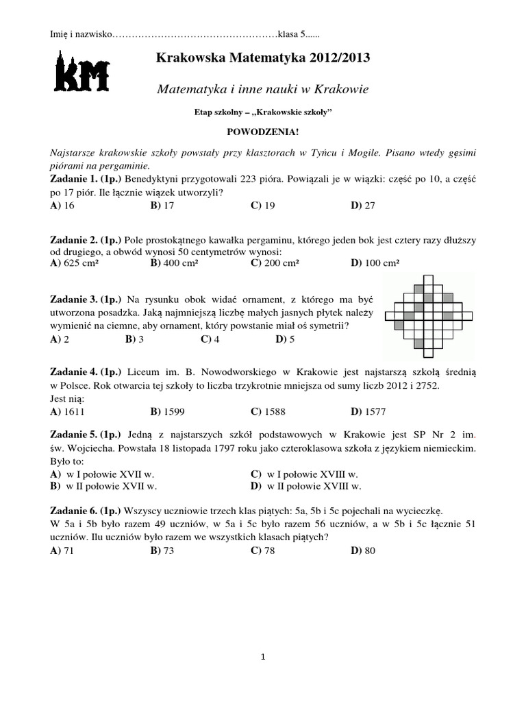 KM 2012 2013 Klasa 5 Etap Szkolny | PDF