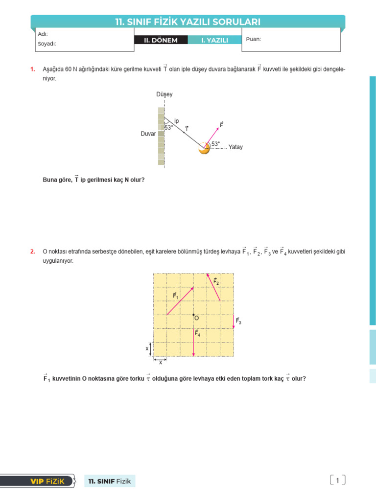 11.sınıf Fizik 2.dönem 1.yazılı | PDF