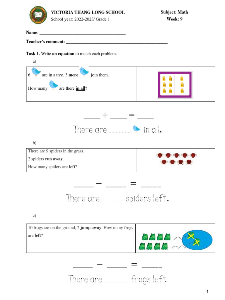 Grade 1 Math Worksheet - Week 9 | PDF | Teaching Methods & Materials