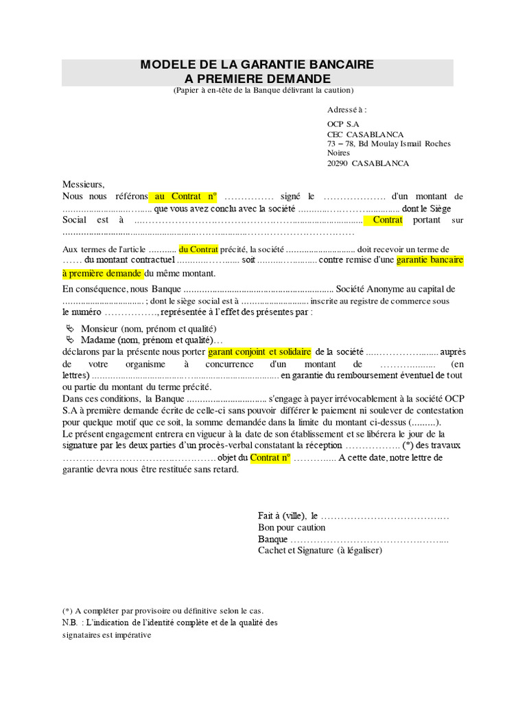 Modèle de Garantie Bancaire à Première Demande | PDF | Cautionnement ...