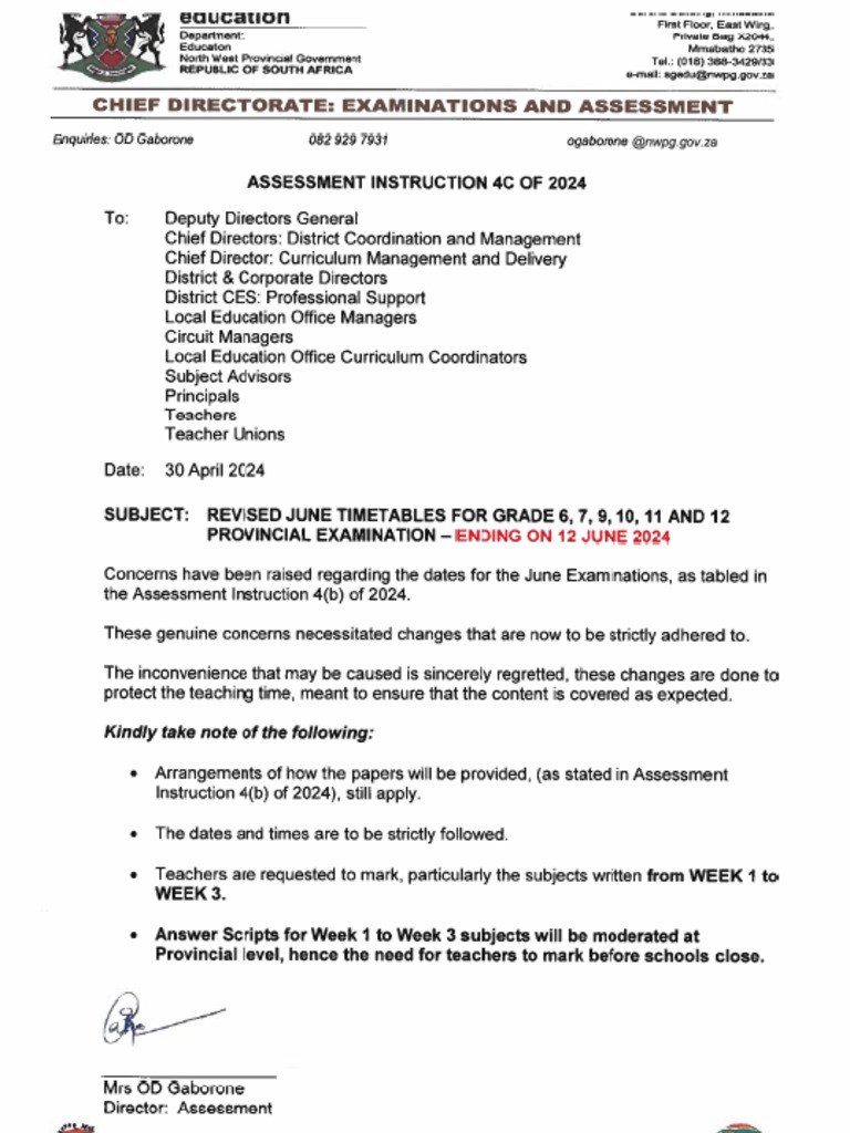 Assessment Instruction 4C of 2024 - Revised June Time Table Ending On ...