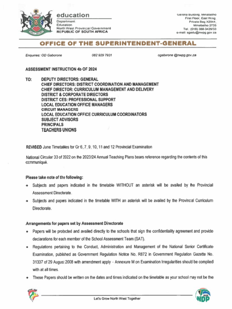 Assessment Instruction 4b of 2024 Final June Timetable For Grade 6, 7 ...