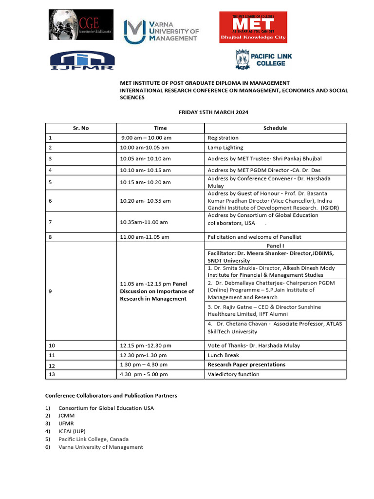 MET International Research Conference Schedule | PDF | Wellness