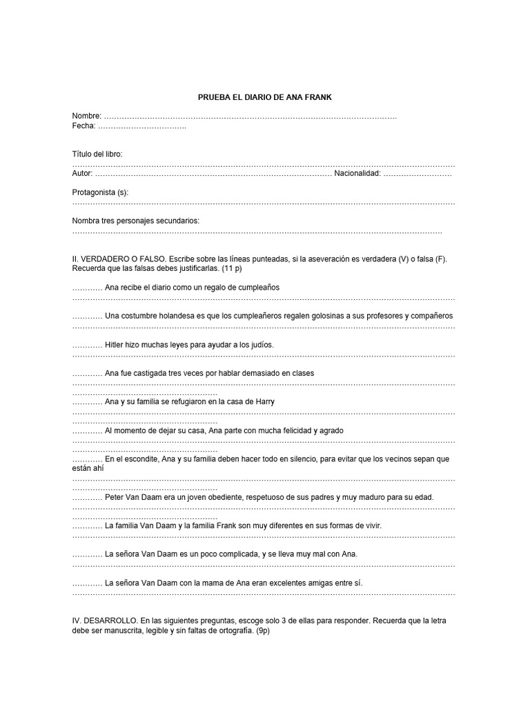 Control de Lectura Ana Frank | PDF