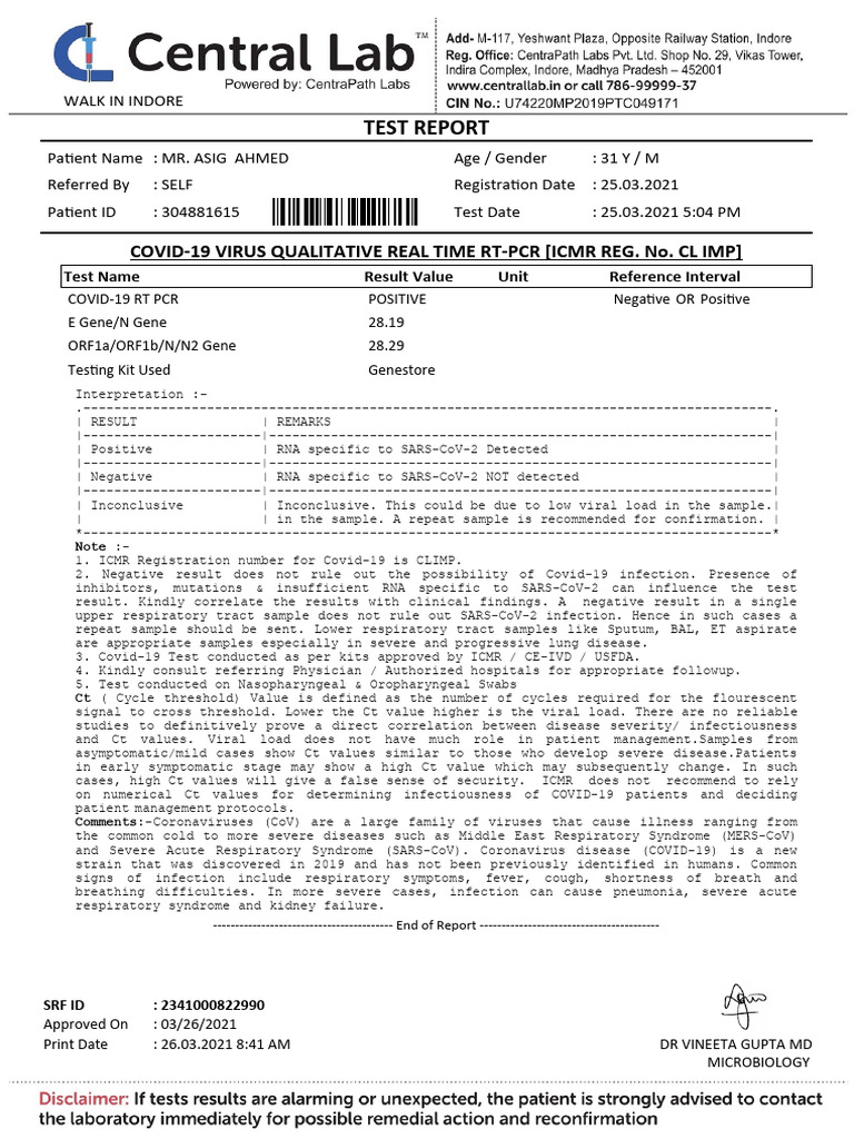 Test Report: Covid-19 Virus Qualitative Real Time RT-PCR (Icmr Reg. No ...