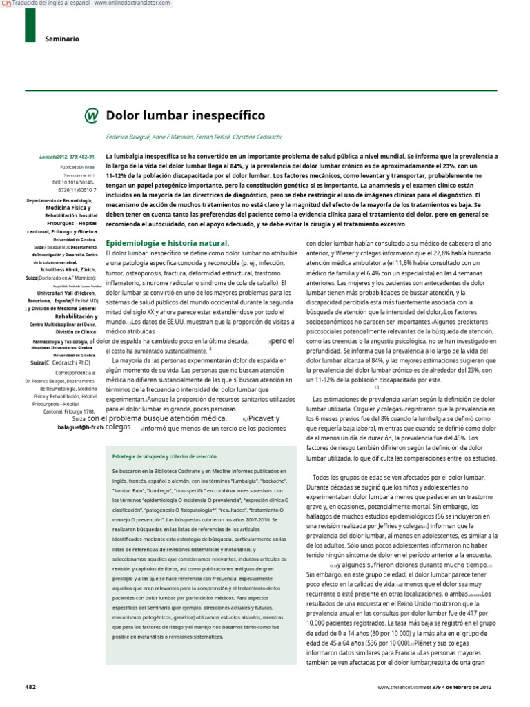 Lumbalgia Inespecifica - En.es | PDF | Dolor lumbar | Dolor