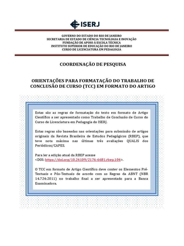 ORIENTAÇÕES PARA O TCC EM FORMATO DE ARTIGO - Versão 2024 | PDF ...