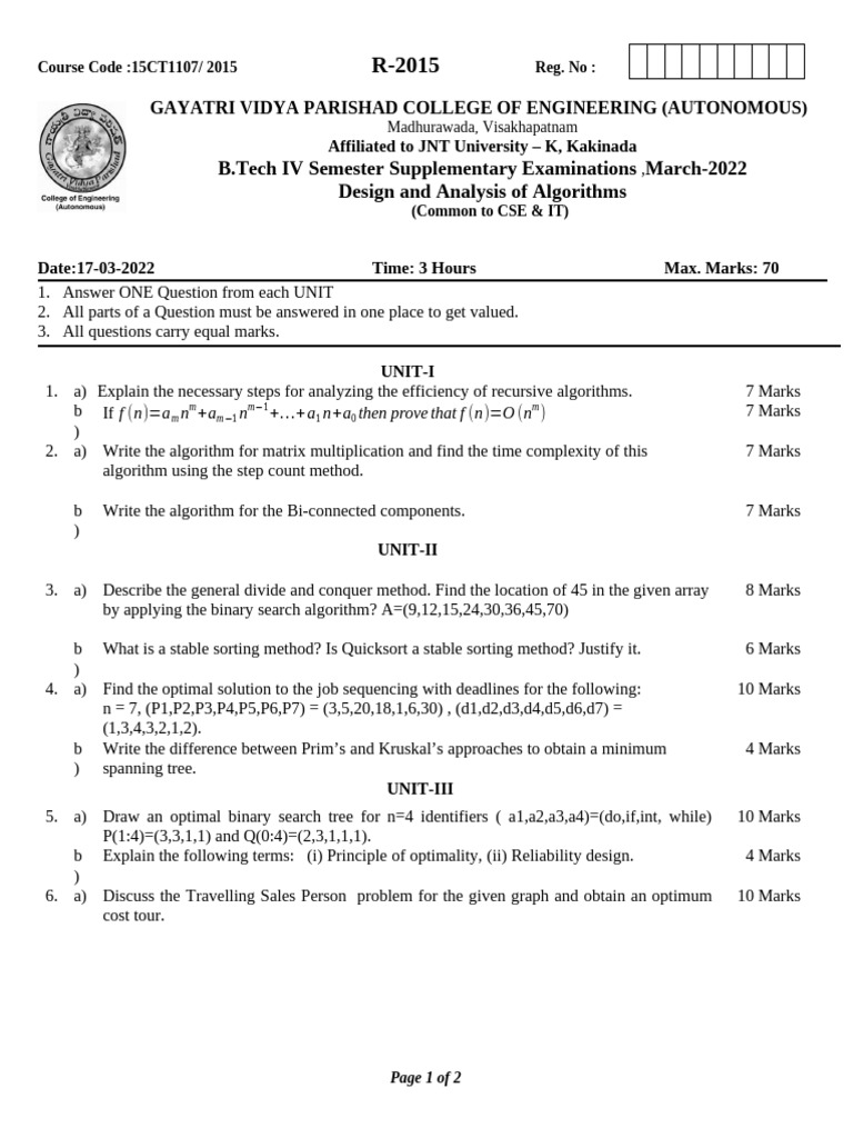 R-2015 - 15CT1107 - Design and Analysis of Algorithms | PDF ...