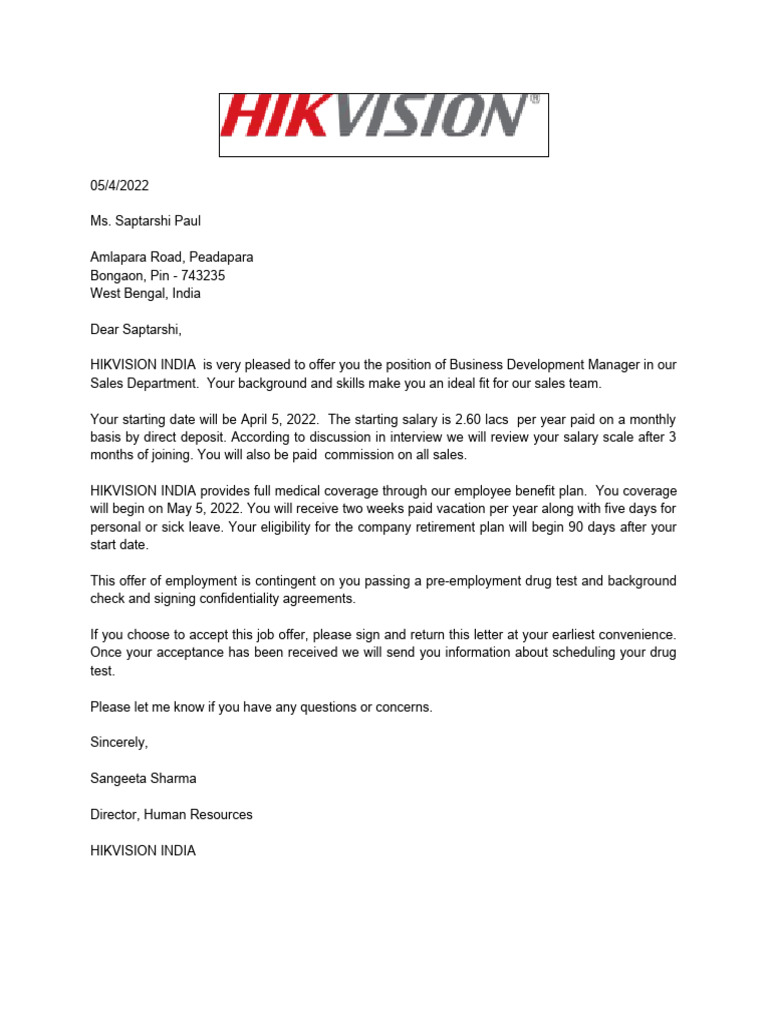 Hikvision Offer Letter | PDF