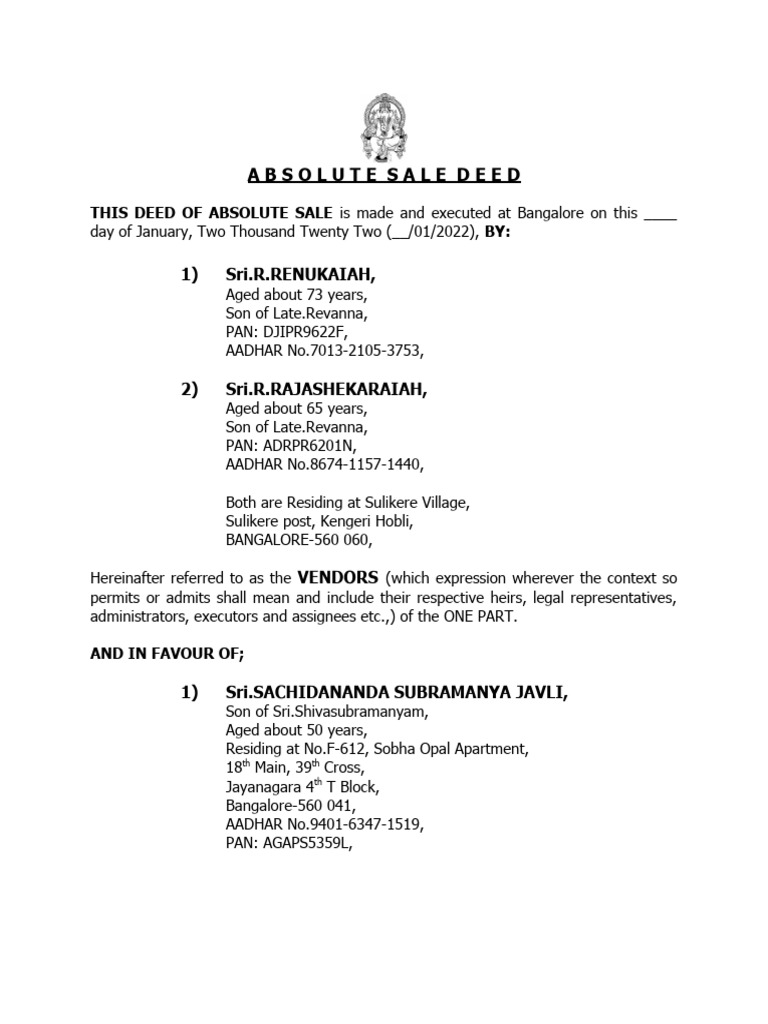 Absolute Sale Deed for BDA Property | PDF | Property | Deed