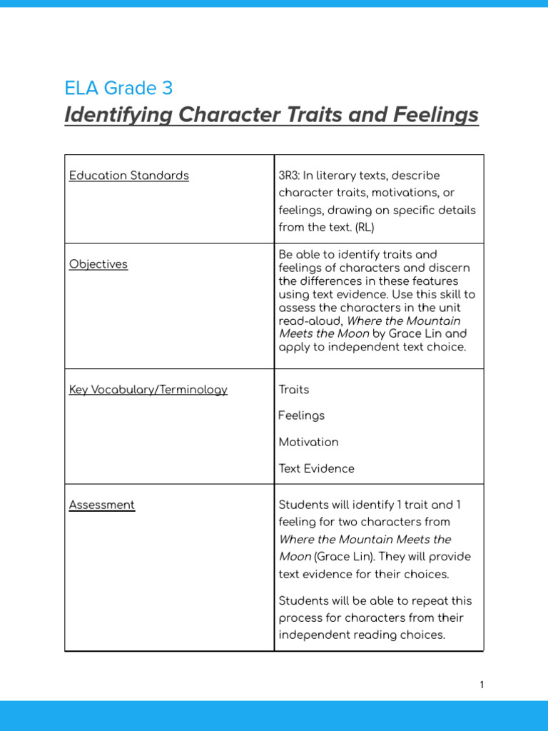 Pop Cycle 1 Character Traits and Feelings Lesson Pan | PDF | Behavior ...