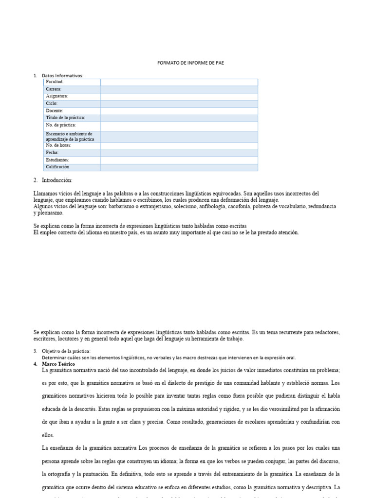 Formato Pae Pdf Gramática Lingüística