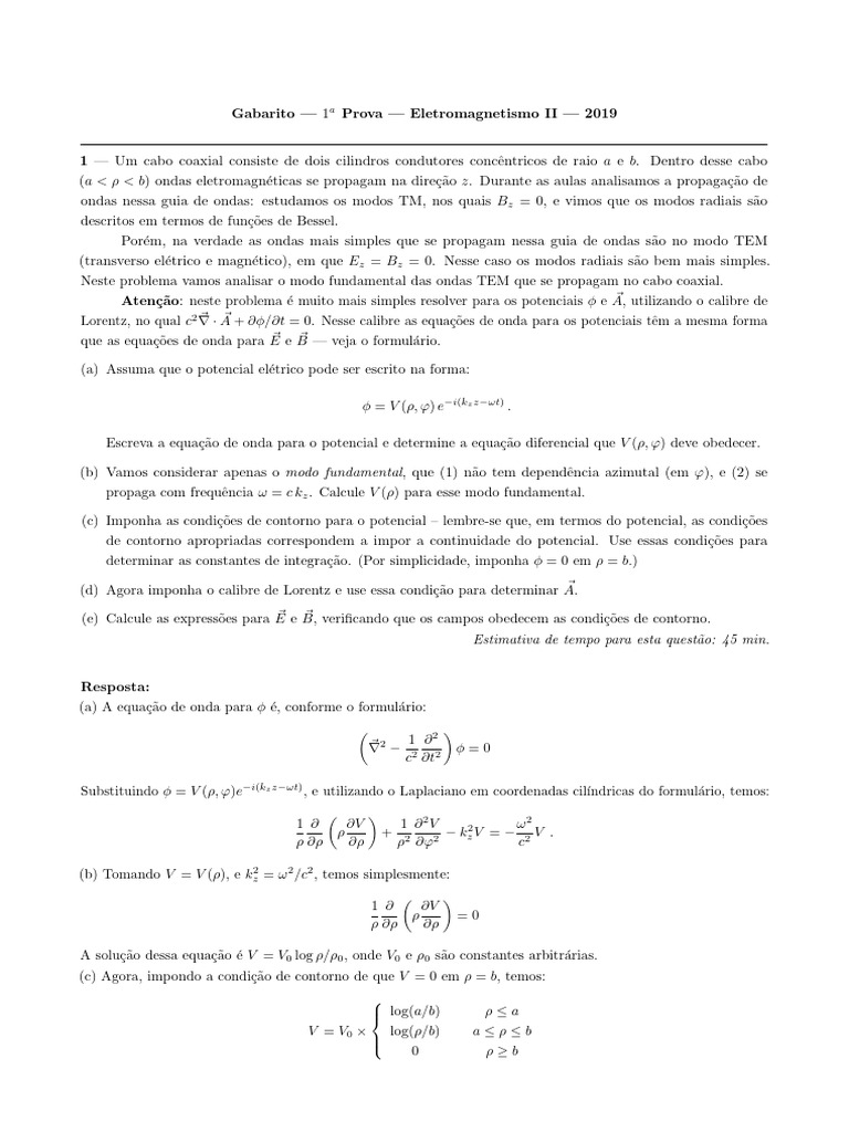 Gabarito Prova1 | PDF | Campo elétrico | Magnetismo