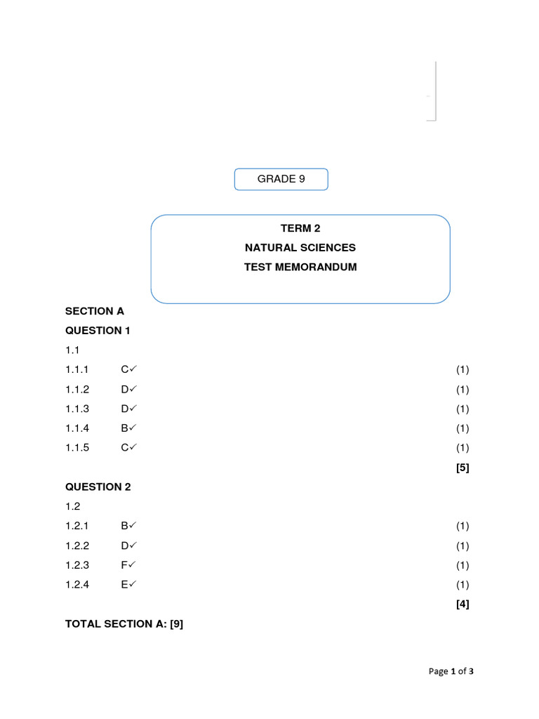Grade 9 Natural Science Memo Term 2 | PDF | Acid | Hydroxide