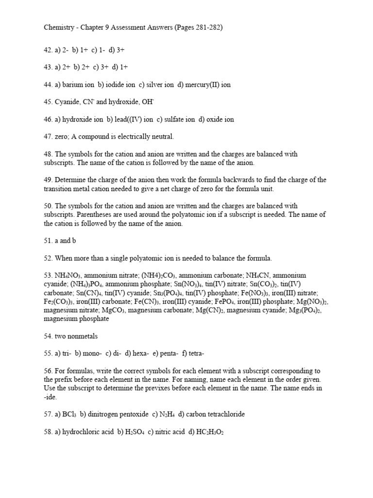 Chemistry Chapter 9 Assessment Answers Pages 281 282 | PDF | Ion | Ammonium
