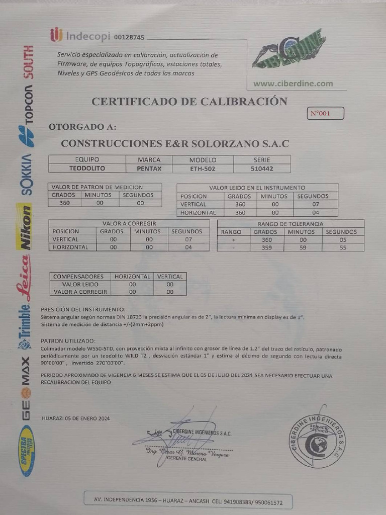 Certificado de Calibración TEODOLITO - 510442 | PDF Certificado de Calibración TEODOLITO - 510442 | PDF
