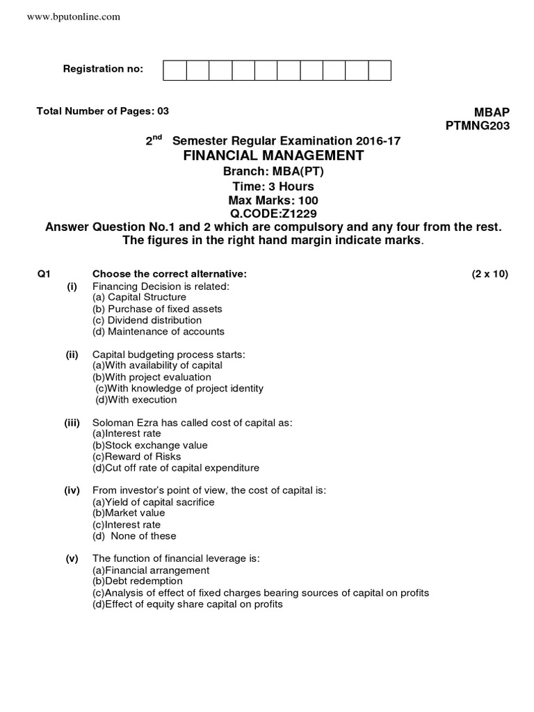 MBA Financial Management Exam 2016-17 | PDF | Capital Structure ...