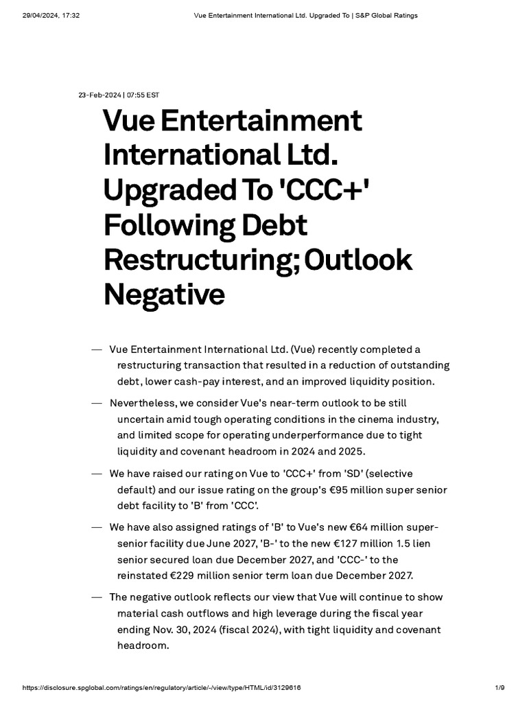 Vue Entertainment International Ltd Upgraded To S P Global Ratings