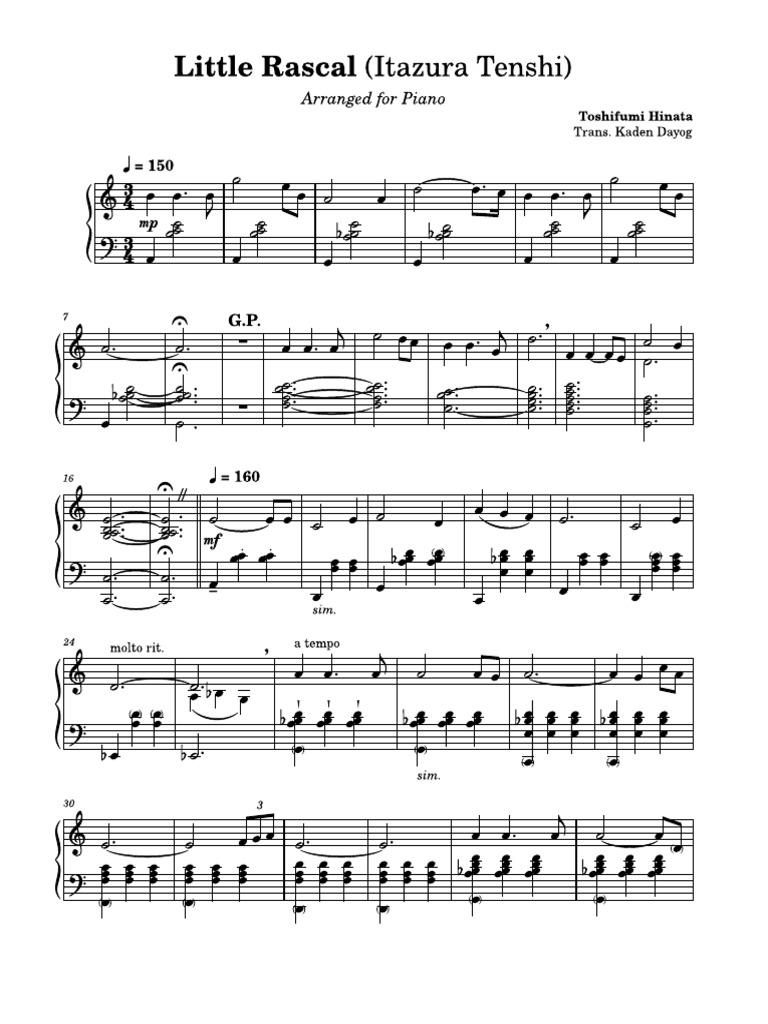 (See Desc !) Little Rascal (いたずら 天使) - Toshifumi Hinata Full Piano ...