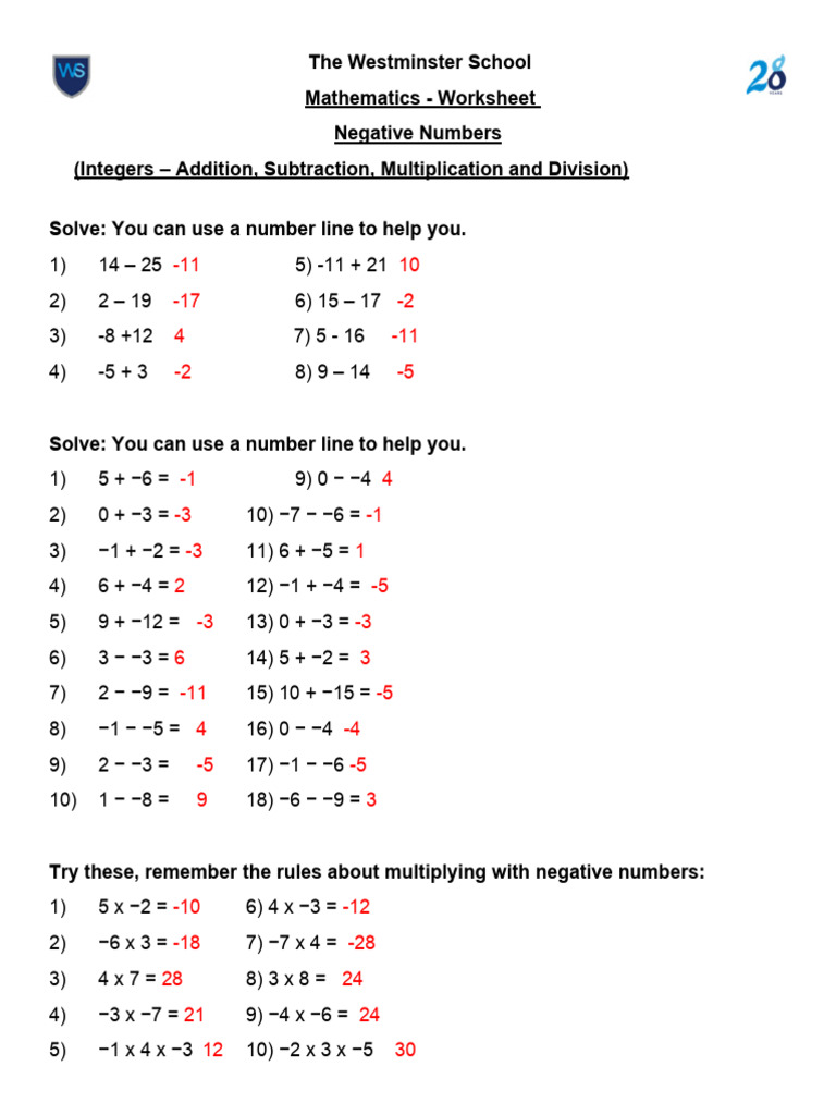 Year 7 Integers Worksheet | Download Free PDF | Multiplication | Elementary Mathematics