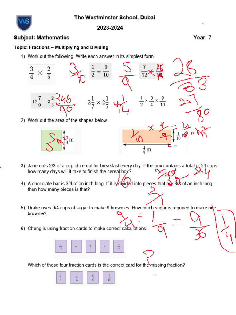 Year 7 - Multiplying and Dividing Fractions | PDF