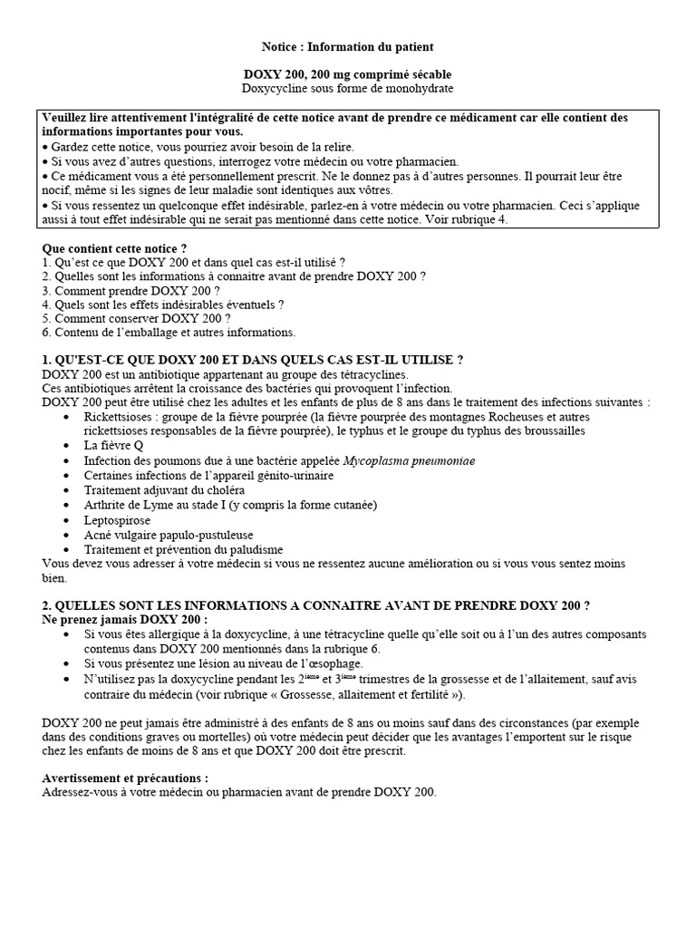Notice Patient: DOXY 200 mg | PDF | Grossesse | Allaitement