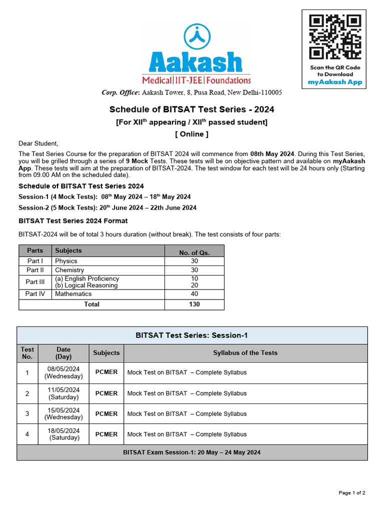 Schedule of BITSAT Test Series - 2024 Session - 1 & 2 | PDF ...