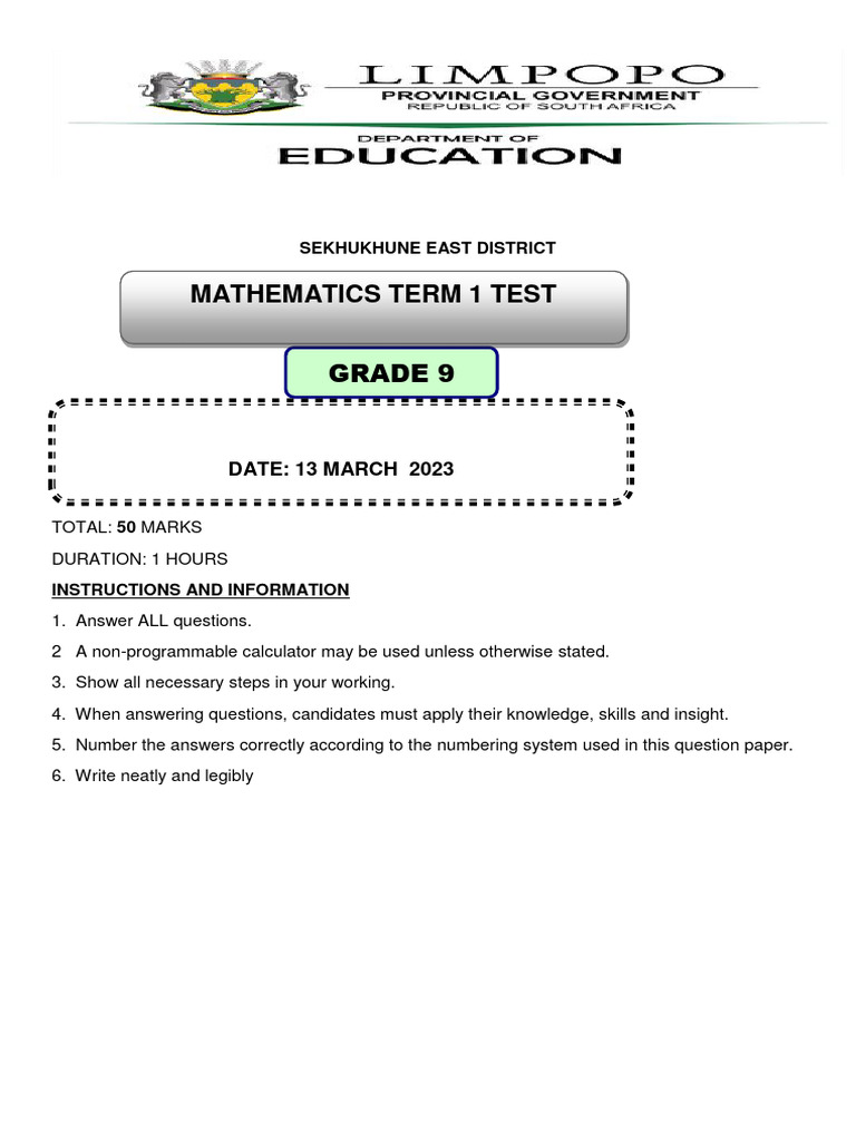 Grade 9 Mathematics Term 1 Test | PDF | Exponentiation | Mathematics