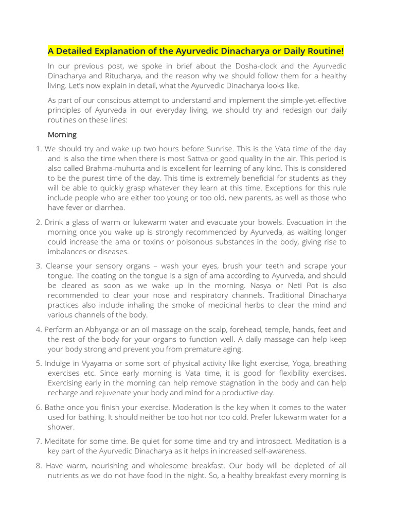 Ayurvedic Dinacharya Daily Routine | PDF | Ayurveda