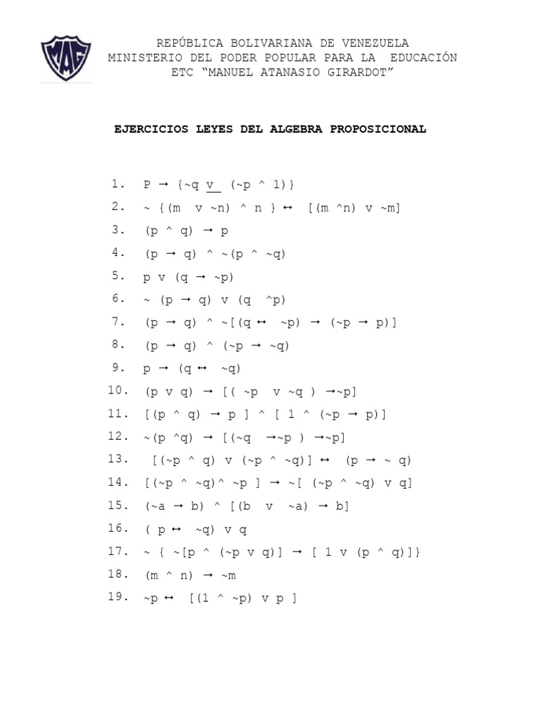 Guia de Ejercicios Leyes Del Algebra Proposicional | PDF