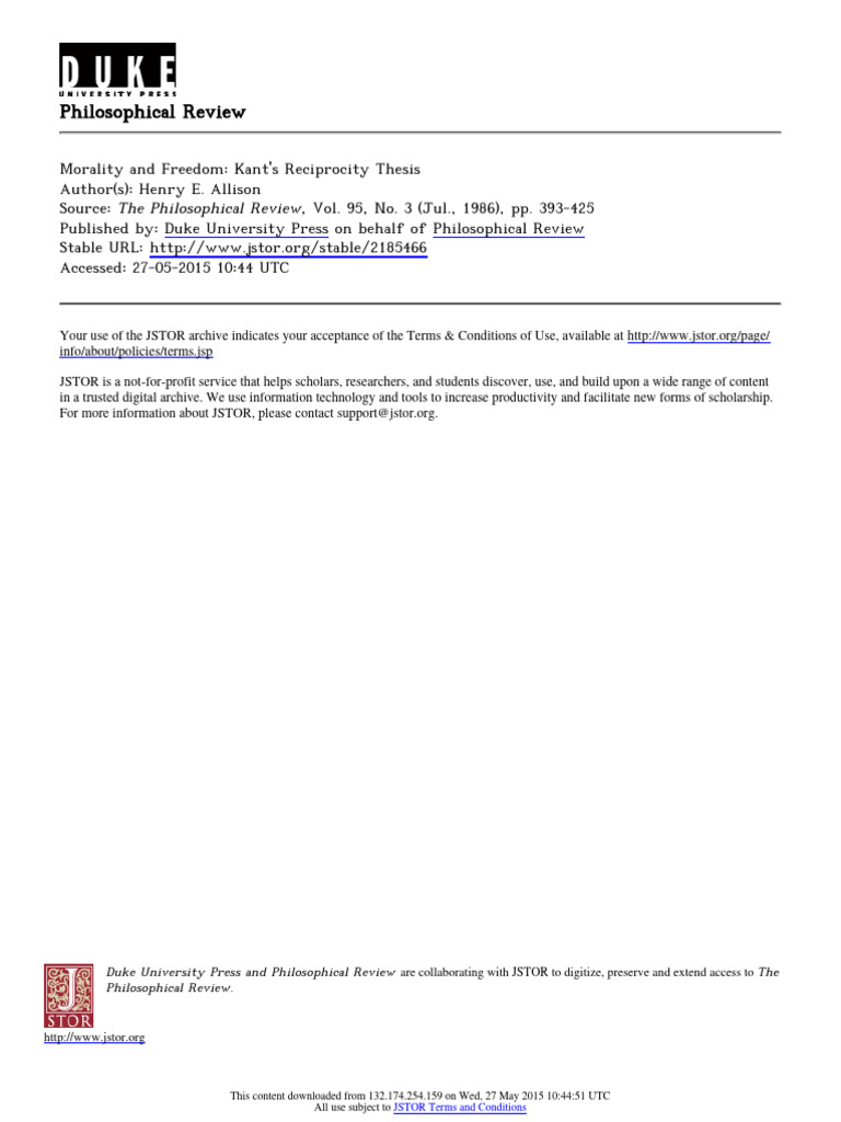 ALLISON, Henry - Morality and Freedom: Kant's Reciprocity Thesis | PDF ...