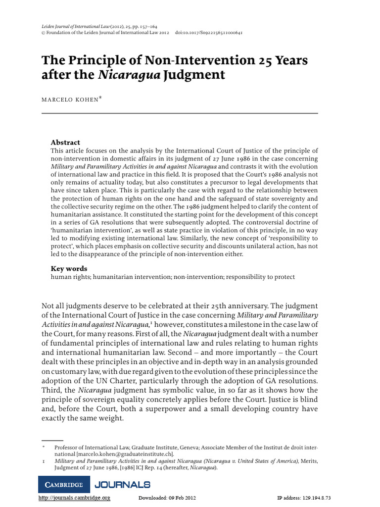 Non-Intervention Post-Nicaragua Judgment | PDF | Responsibility To ...