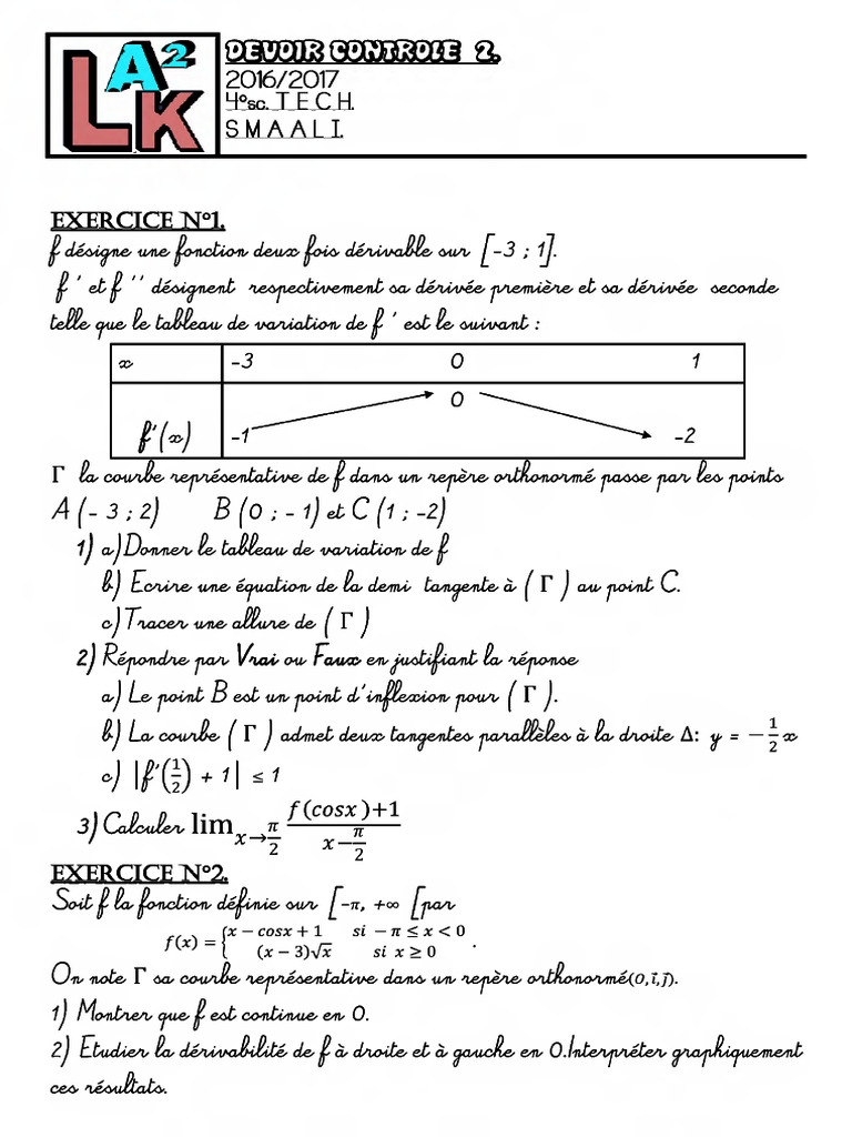 Devoir de Controle 2 Mathematique-4 Eme SC - TECH 2017 | PDF | Science & Mathematics ...