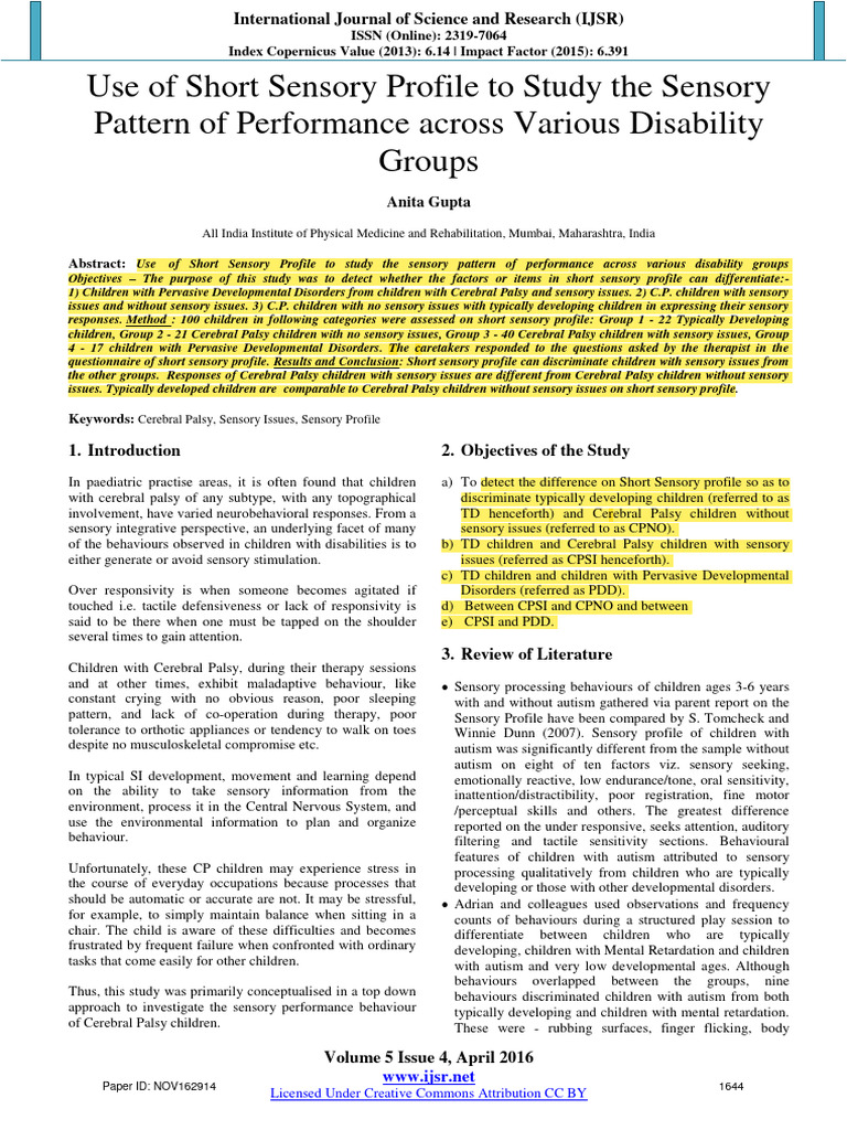 Sensory Profile Study in Disability Groups | PDF | Cerebral Palsy ...