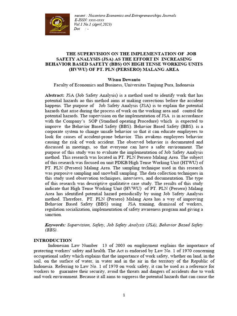 JSA Supervision at PT. PLN Malang | PDF | Occupational Safety And ...