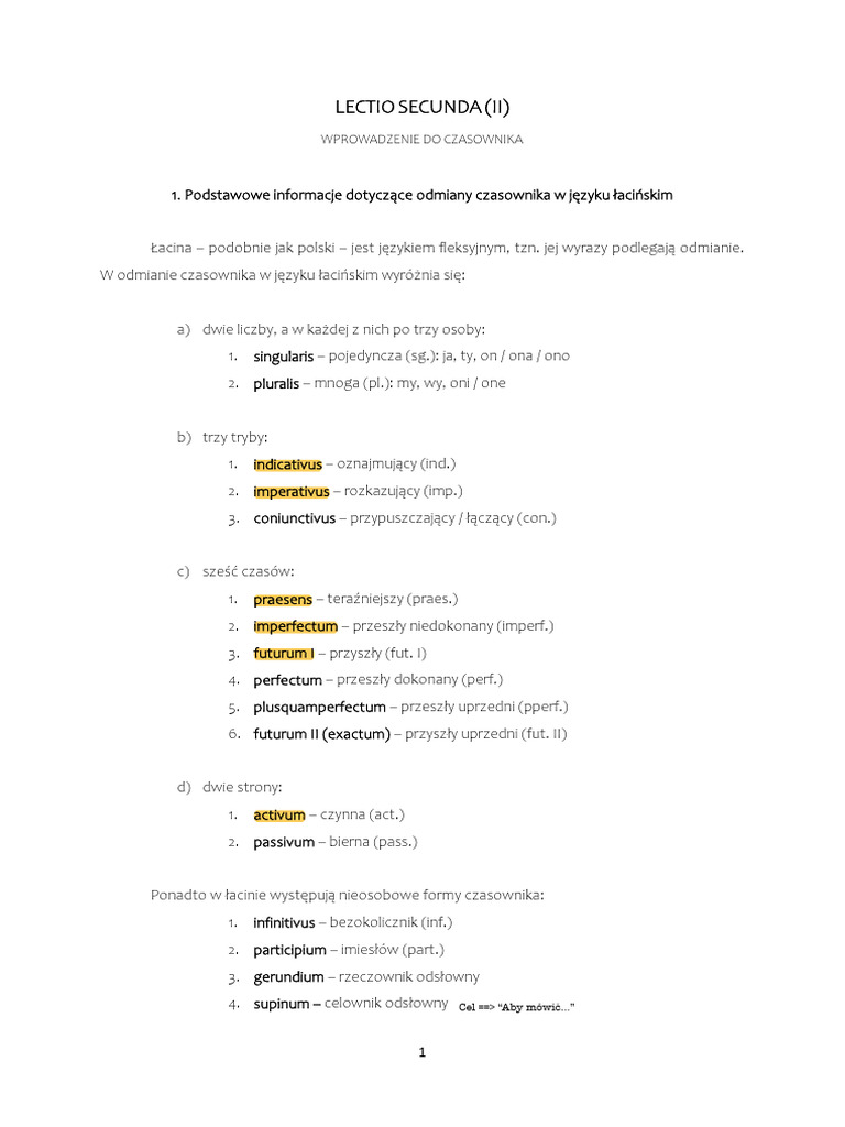 Lectio Secunda - Wprowadzenie Do Czasownika | PDF