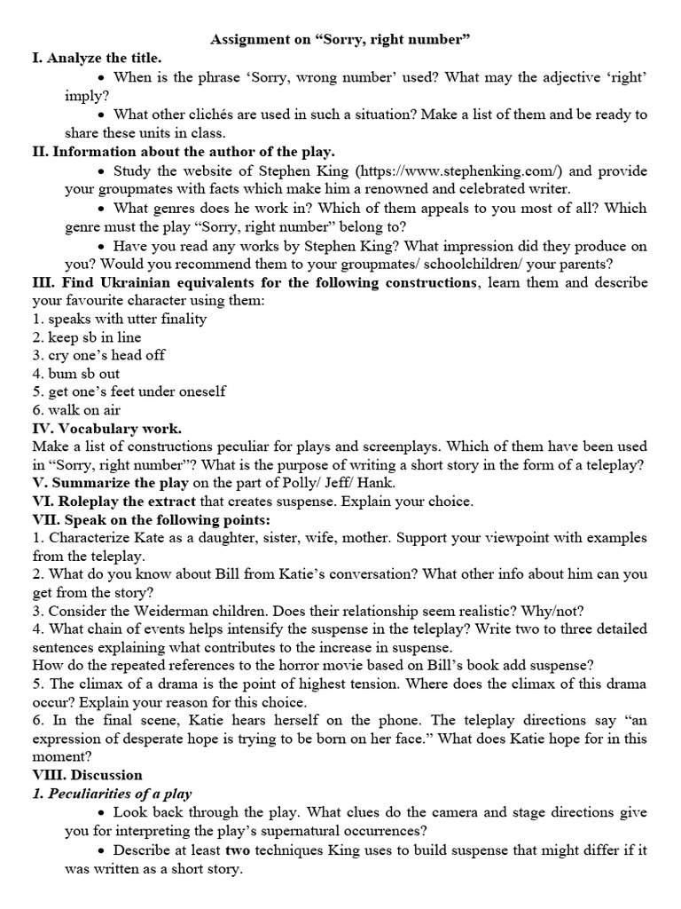 Assignment On "Sorry, Right Number" | PDF | Sibling | Psychological ...