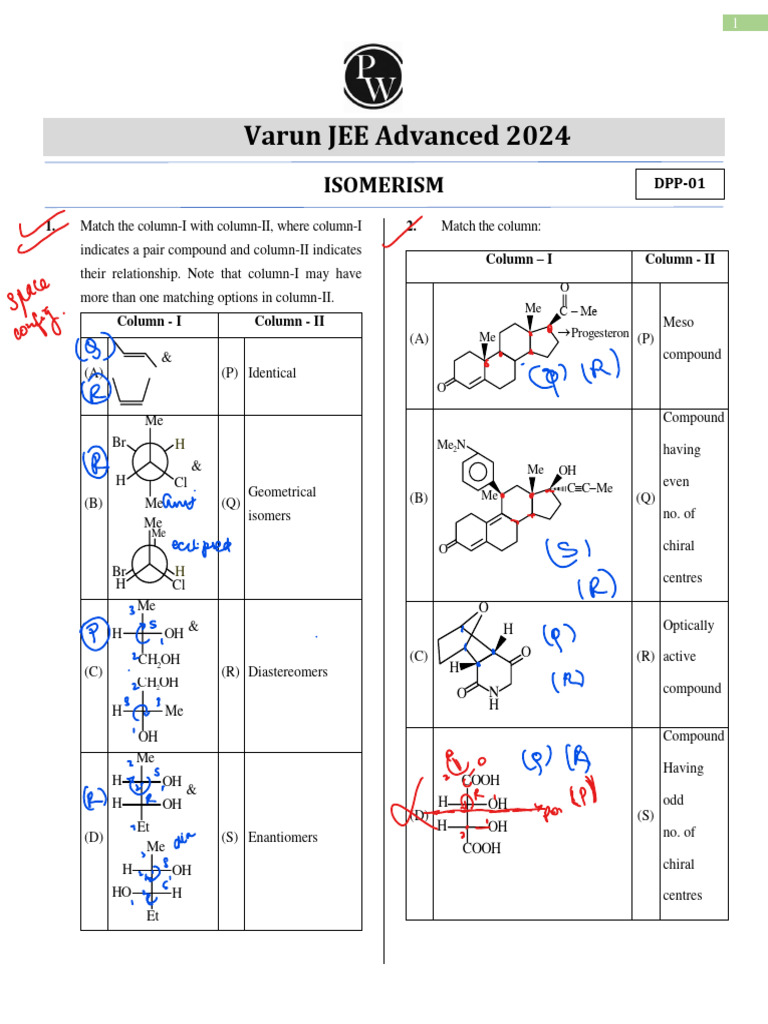 003) Isomerism DPP 01 Varun JEE Advanced 2024 | PDF | Isomer | Space
