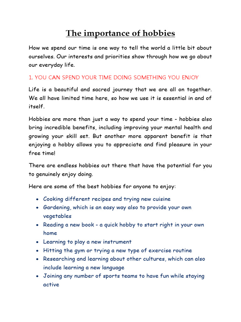 The importance of hobbies | PDF | Hobbies | Mental Health